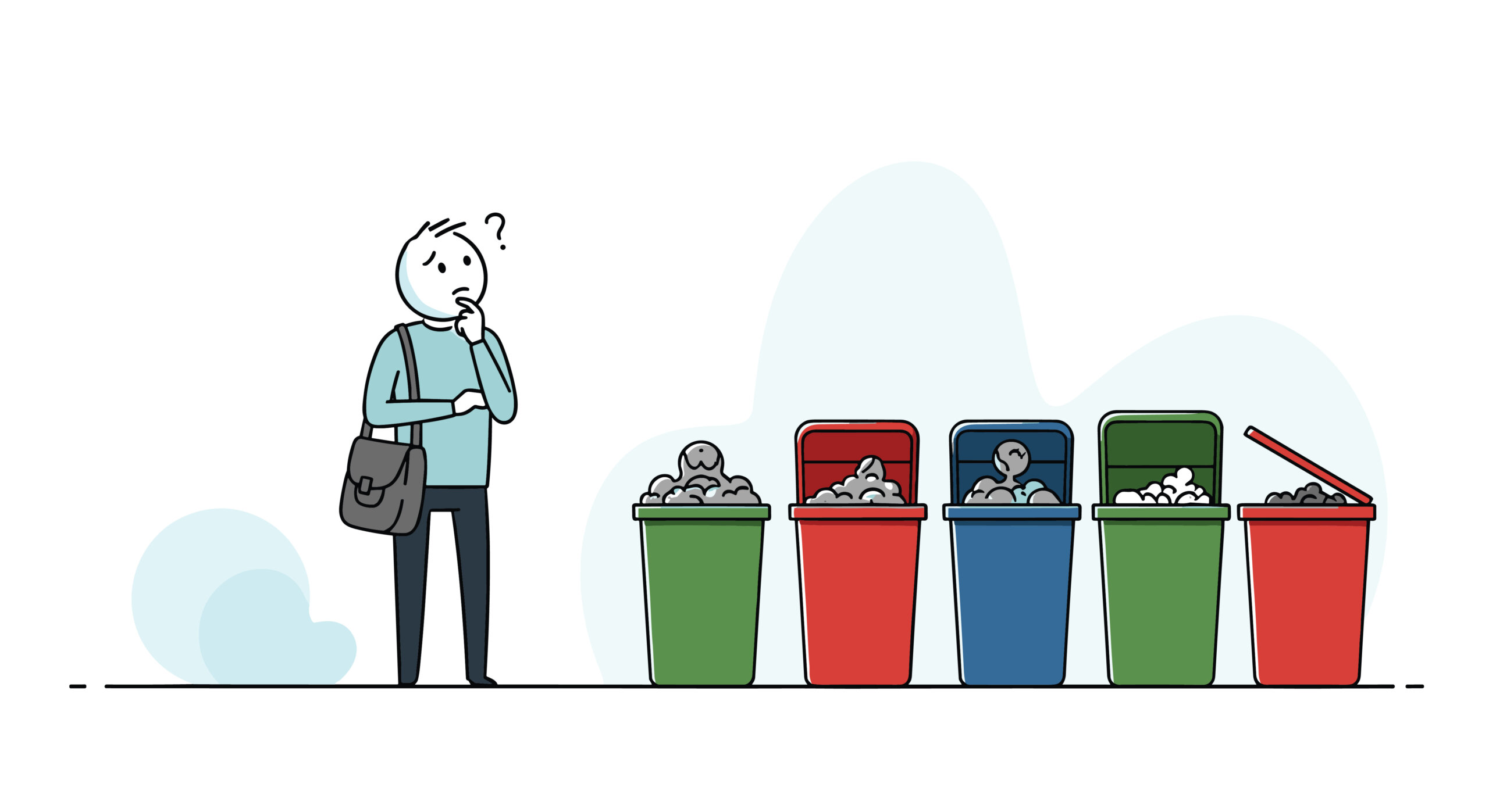 Confused man looking at multiple colored trash bins, unsure about how ...